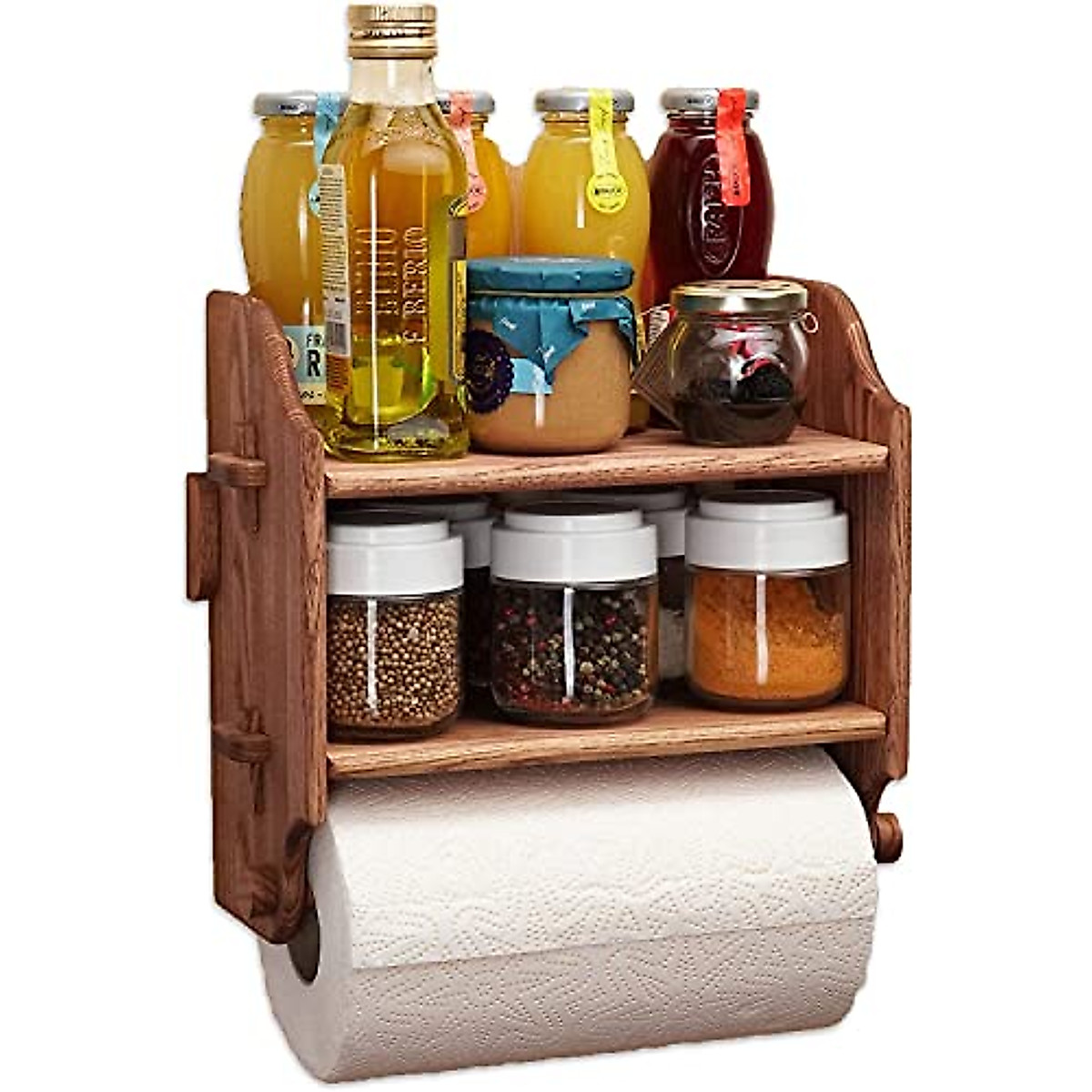 Wood Wedge, Premium 2-Tier Spice Rack, Wooden Shelf for The Wall Wooden Holder for Kitchen, Bathroom, Garage Organizer Made of Europa 100% Ash Wood with Metal Hooks, Shelf for Storage 11"x10.2"