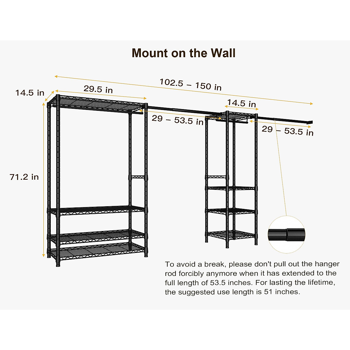 Ulif E11 Heavy-Duty Garment Rack, Metal Freestanding Clothes Rack and Closet Storage Organizer System with 8 Shelves and 4 Hanger Rods, (73.2 - 97.6)"W x 14.5"D x 71.2"H, Load 962 LBS, Black
