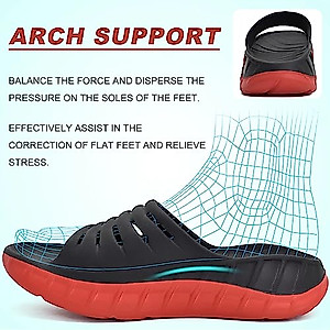 KuaiLu Mens Recovery Walking Sandals Sport Comfort Cushion Athletic Slides Orthotic Plantar Fasciitis Open Toe Slip On Wide Width Thick Foam Sandles Summer Pool Beach Slippers Black Red Size 10