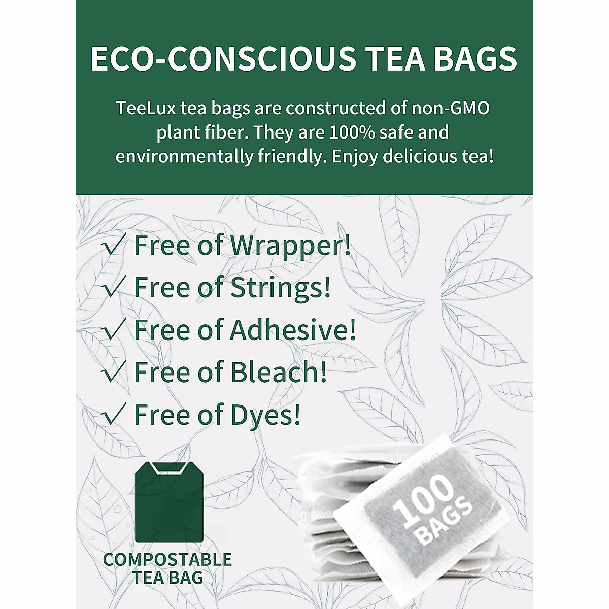 TeeLux Decaf Green Tea Bags, Pure Decaffeinated Green Tea, Super Antioxidant, 100 Count Tea Bags for Hot & Iced Tea