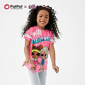 L.O.L. Surprise! 2pcs Kid Girl Clothes Letter Print Striped Short Sleeve Pink Tee Top and Pants Set Dark Pink 5-6 Years