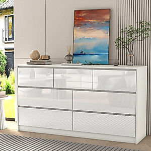 White Malm Dresser for Bedroom, 55 Inch Long Dresser High Gloss Dresser with 7 Drawers, Modern Large Wood Chest of Drawer Handle Free, Dresser for Kids Bedroom, Living Room, Entryway, Hallway, White