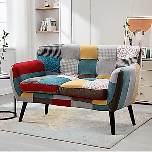 Bonzy Home Modern Boho Loveseat Couch Sofa Chair for Living Room Bedroom, Upholstered Colorful Plaid Fabric 2-Seat Love Seat Sofa with Wood Leg for Small Space, One Loveseat