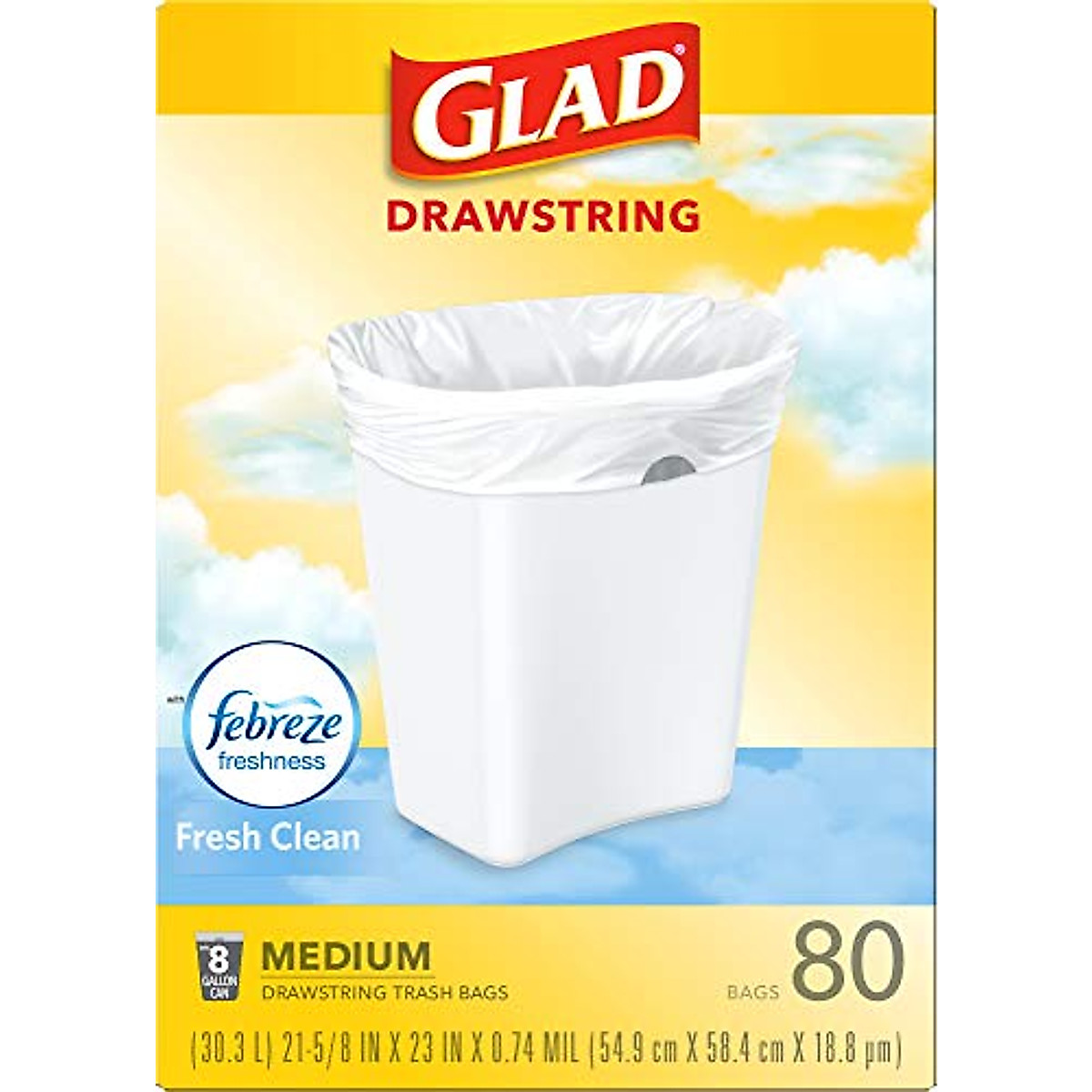 Glad Trash & Food Storage Medium Kitchen Drawstring Trash Bags 8 Gallon White Trash Bag, Fresh Clean Scent, 80 Count (Package May Vary)