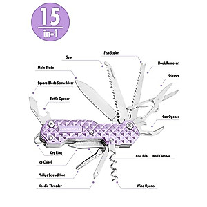 FantastiCAR 15 in 1 Multi-Tool, EDC Folding Pocket Knife with Premium Gift Box for Camping, Fishing, Hunting, Survival, or Outdoor (Purple)