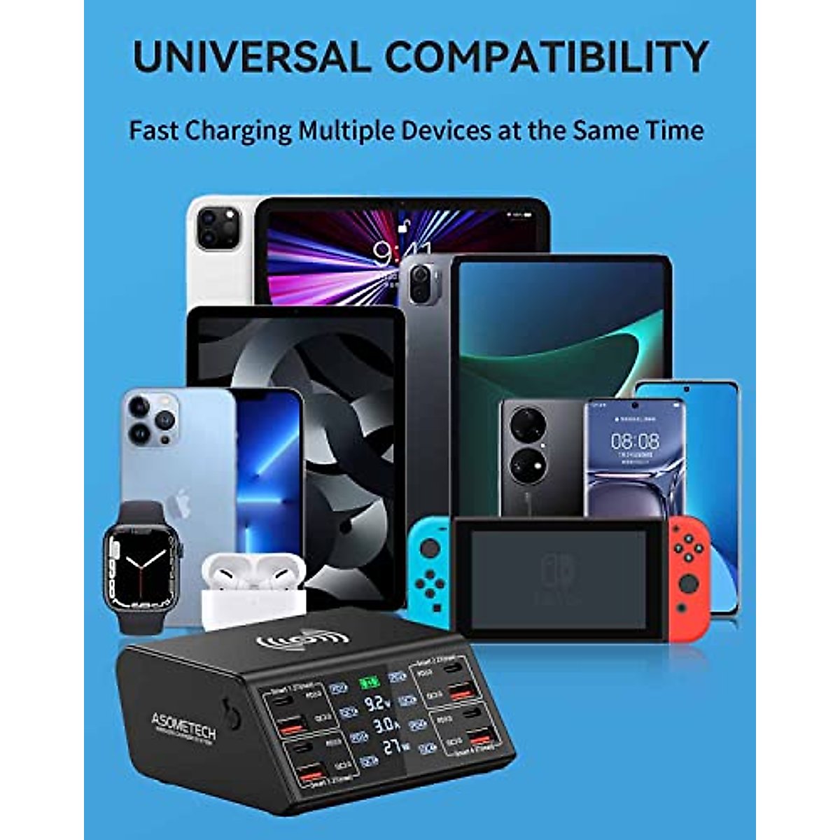 USB Charger, ASOMETECH 100W 8 Port Multiple USB Charging Station with 4 Quick Charge 3.0, 4 USB C PD Port, Wireless Charger, LCD Display Fast USB Charging Hub for iPhone 13 12 iPad Samsung and More