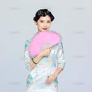 AUEAR, Fashion Hand Fan Flapper 20s Pink Feather Folding Handheld Vintage Style Costume Accessories for Cosplay Dancing Party