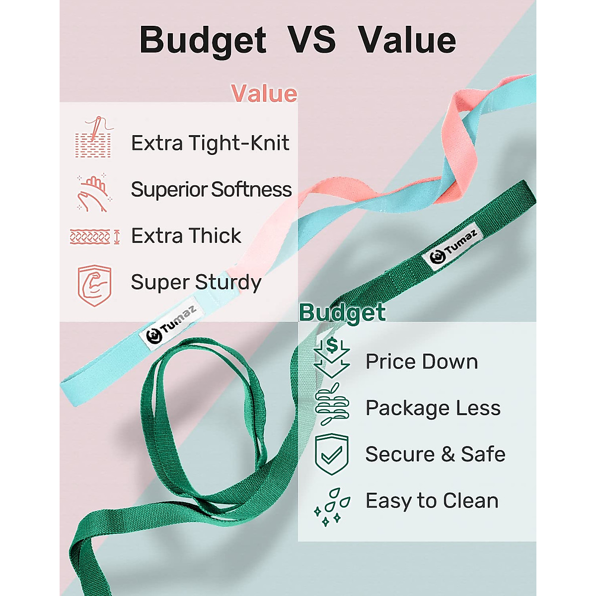 Tumaz Stretching Strap - 10 Loops & Non-Elastic Yoga Strap [Budget Version]- The Perfect Home Workout Stretch Strap for Physical Therapy, Yoga, Pilates, Flexibility - [Included E-book, Extra Durable]