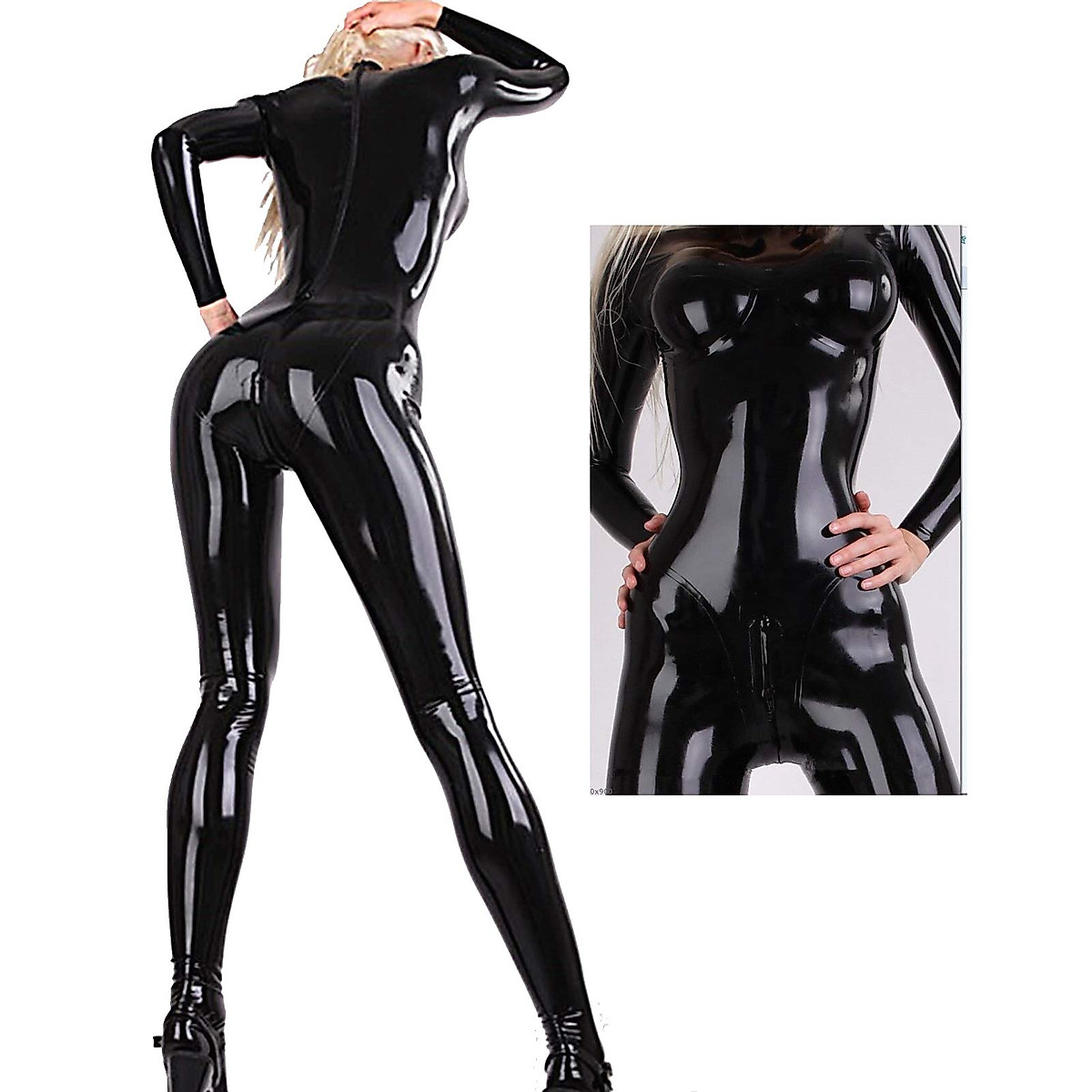 LESOYA Women's Sexy Latex Catsuit Shiny Wetlook PVC Leather Skinny Zipper Crotch Bodysuit Jumpsuit Clubwear