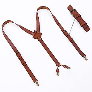 PAHVRION Leather Suspenders For Men 43.7-49.6Inch Y-Back Adjustable Brown Gneuine Leather Suspenders Groomsmen Gift for Wedding