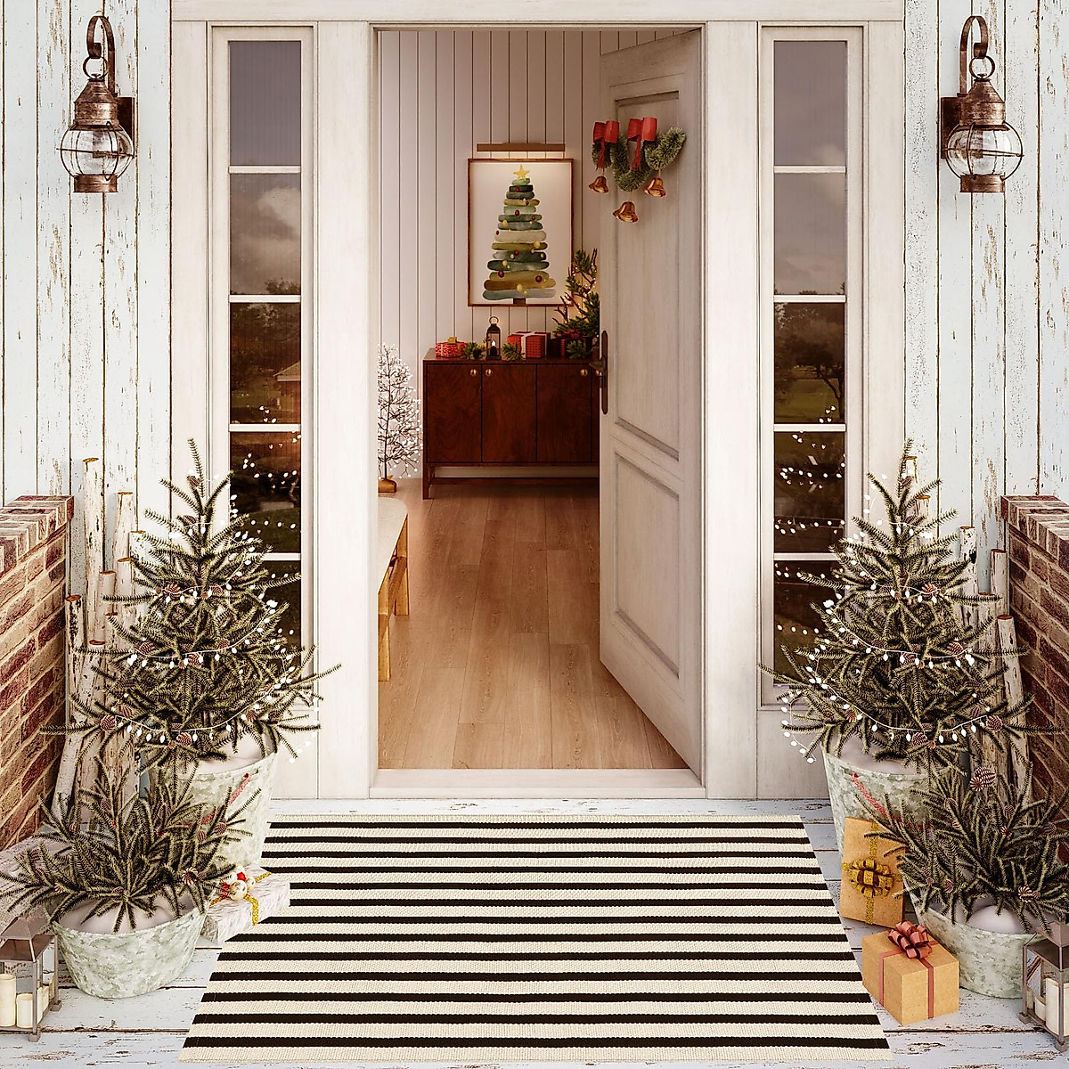 OJIA Christmas Front Door Mat 24"x51", Machine Washable Porch Rug Indoor Outdoor Rugs Outside Doormat Striped Rug Cotton Woven Entryway Rug for Kitchen/Bathroom/Farmhouse/Home Entrance