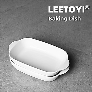 LEETOYI Ceramic Small Baking Dish, Porcelain 2-Piece Rectangular Bakeware with Double Handle, Baking Pans for Cooking and Cake Dinner 7.5"×5 (White)