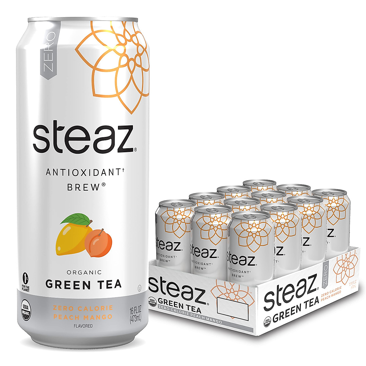 Steaz Zero Calorie Tea - Peach Mango - 16 OZ - 12 ct