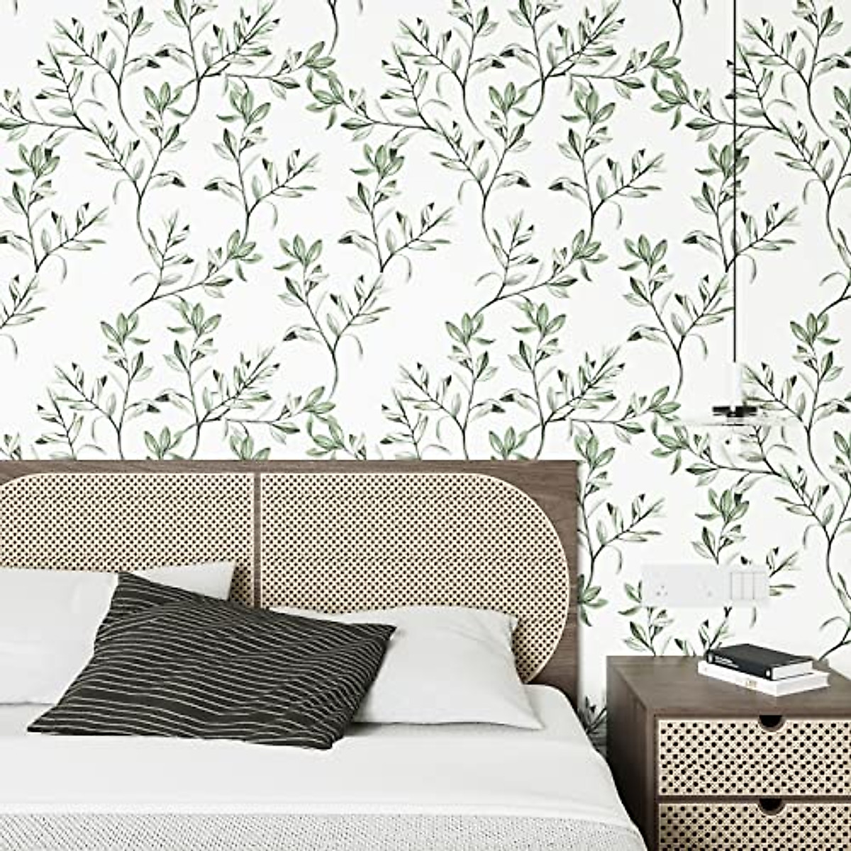 Wallercity Green Leaves Wallpaper Peel and Stick Floral Wallpaper for Cabinets Boho Green Leaf Contact Paper Home Decor Removable Wall Paper 17.5" x 315" Wall Plants White Contact Paper for Shelf