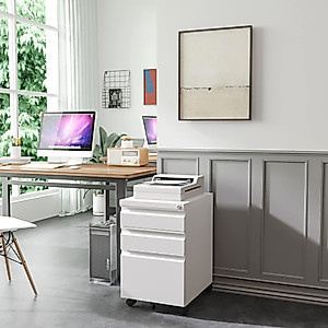 AFAIF 3 Drawer Mobile File Cabinet with Lock, Rolling File Cabinet for Home Office, Under Desk Small File Cabinet, Metal Vertical White Filing Cabinet for Legal/Letter/A4 File, White