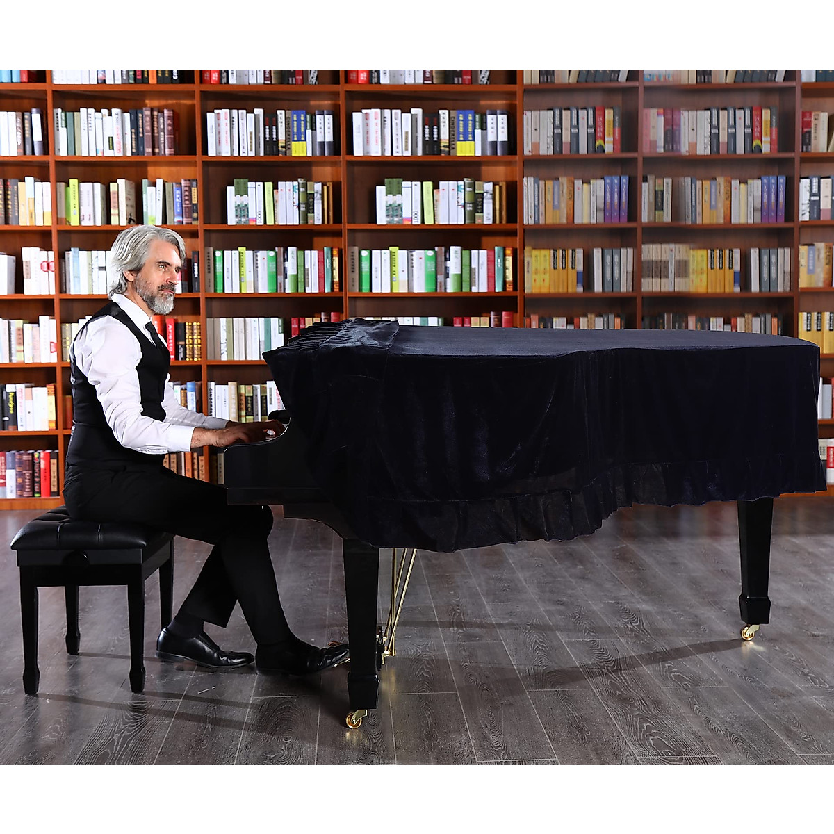 Monkeysell Velvet Grand Piano Cover Dustproof Baby Piano Cover Decorative Full Piano Cover Cloth Soft Bordered Triangle Decorated Protective Cover Cloth (BLACK)