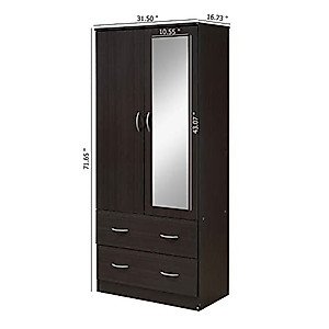 Hodedah Two Door Wardrobe with Two Drawers and Hanging Rod plus Mirror, Chocolate