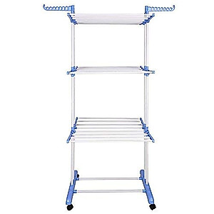 BONBON 3 Tier Clothes Drying Rack Folding Laundry Dryer Hanger Compact Storage Steel Indoor Outdoor (Blue/White)