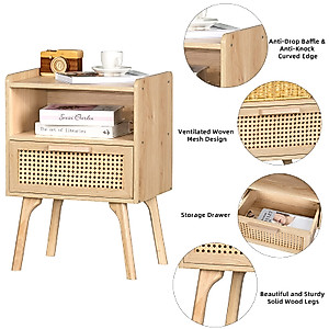 Lerliuo Rattan Nightstands Set of 2, Boho Side Table with Drawer Open Shelf, Cane Accent Bedside End Table with Solid Wood Legs for Bedroom, Dorm and Small Spaces (Natural)