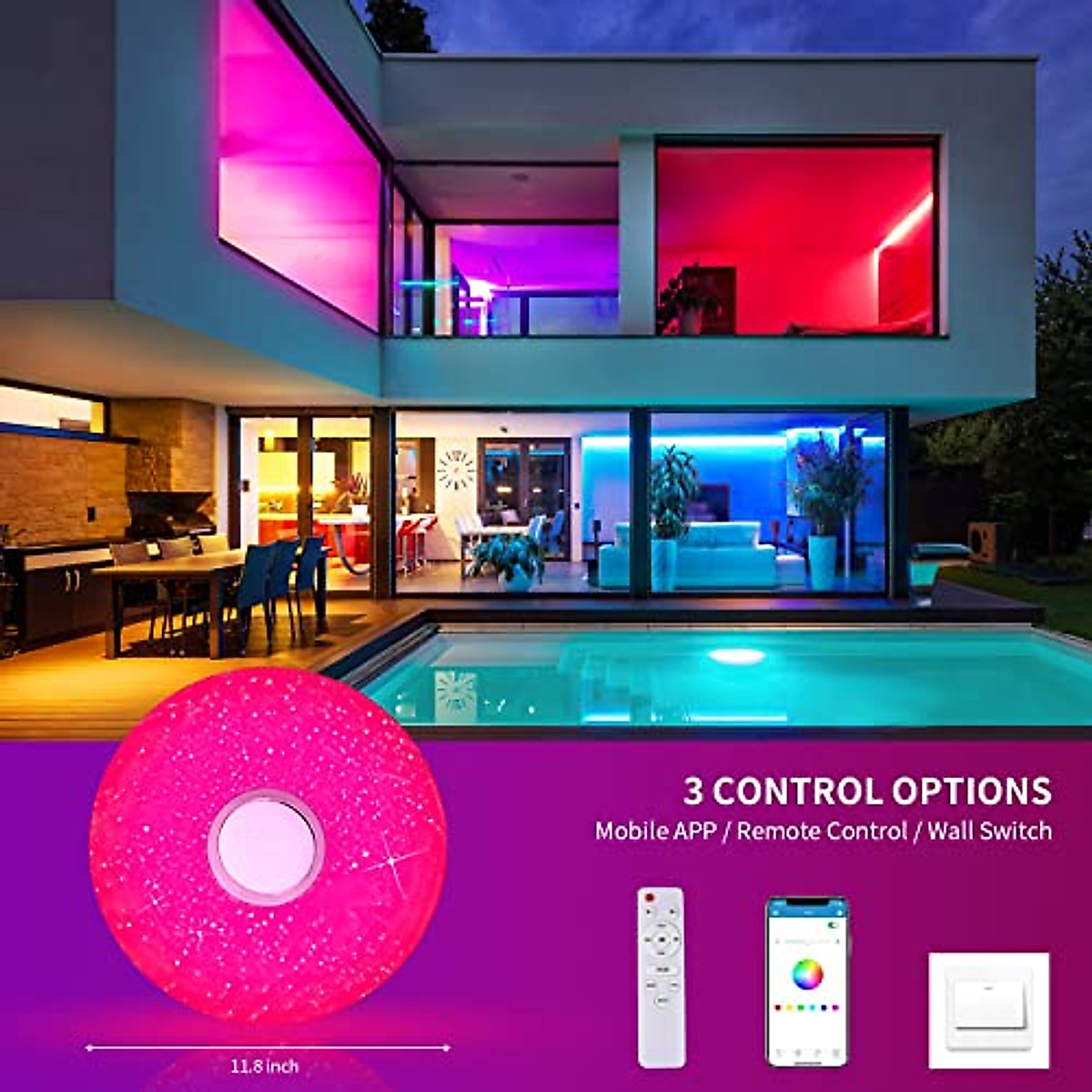 WZTO 36W LED Music Ceiling Light with Bluetooth Speaker, RGB LED Flush Mount Smartphone APP Control Remote Color Changing Ceiling Lamp, Waterproof Light Fixture for Kids Room Bedroom