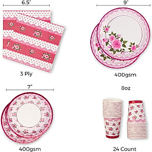 Royal Bluebonnet Paper Plates and Napkins Sets – Set of 24 – Paper Plates and Napkins and Cups, Rose Floral Tea Party Decorations, Paper Plates