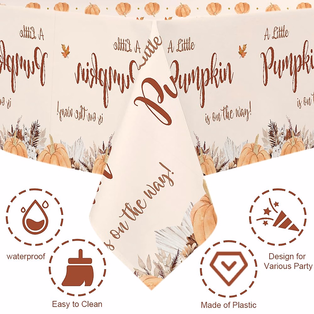 MEHOFOND Fall Boho Little Pumpkin Baby Shower Party Plastic Tablecloth Autumn Disposable Party Tablecloths A Little Pumpkin is on The Way Pumpkin Thanksgiving Party Decorations Tablecloth 3 PCS