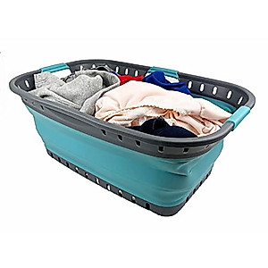 SAMMART 44L (11.6 gallon) Collapsible Plastic Laundry Basket-Foldable Pop Up Storage Container-Portable Washing Tub- pace Saving Hamper, Water Capacity: 35L (9.2 gallon) (Grey/Crystal Blue (Set of 2))