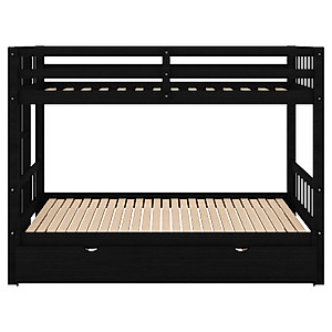 Twin over Double Twin Bunk Bed with Trundle, Convertible Down Bed, Pull-Out Multi-Functional Bunk Bed for 4 People, Wooden Bunk Bed with Ladder and Safety Rail, Espresso