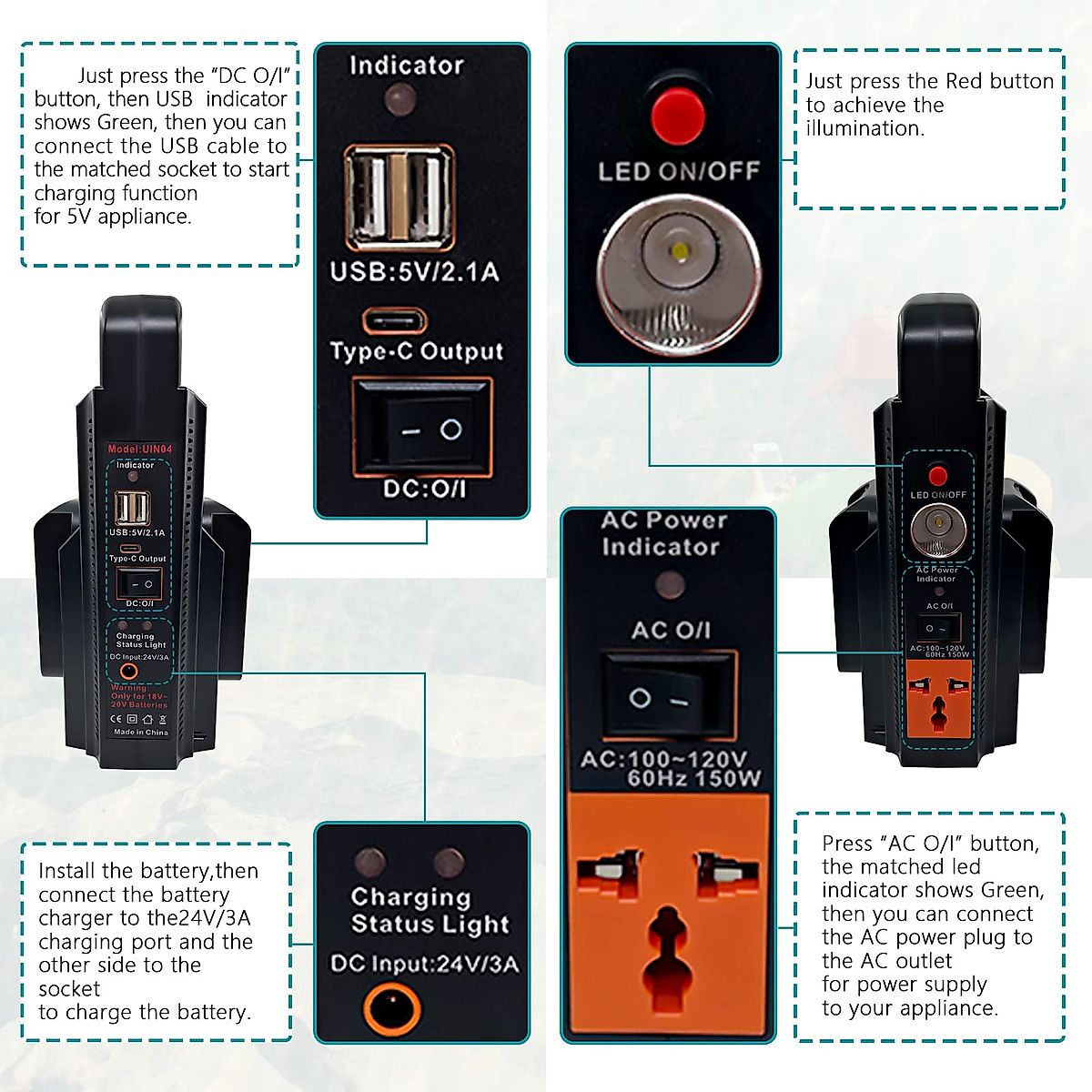 150W Portable Power Supply Inverter for Makita 18V Lithium Battery, TEPULAS 2-Channel Power Generator USB Power Station with Battery Charger & LED Light