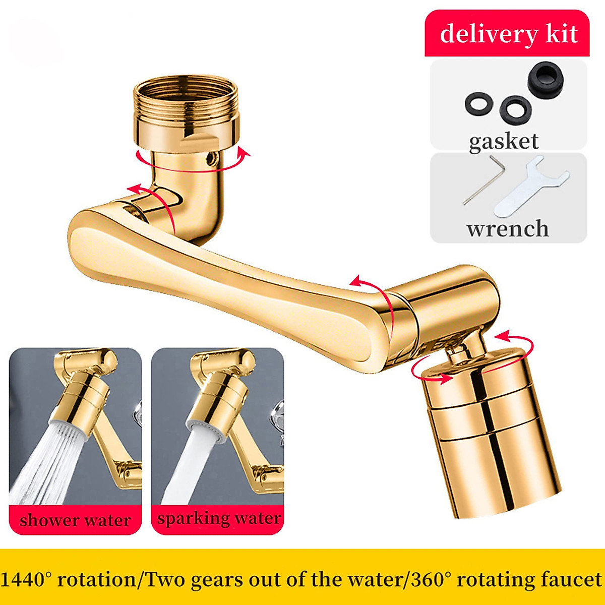 Faucet Extender,1440°Rotating Splash Proof Filter Extender Faucet Aerator, 2 Water Outlet Modes Swivel Robotic Arm Adapter For Bathroom Kitchen-Gold double water outlet