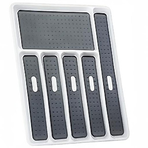 Large Silverware Tray - White, Kitchen Cutlery Tray Drawer Organizers 6-Compartments| Kitchen Drawer Organizer | Soft-Grip Lining and Non-Slip Rubber Feet | BPA-Free