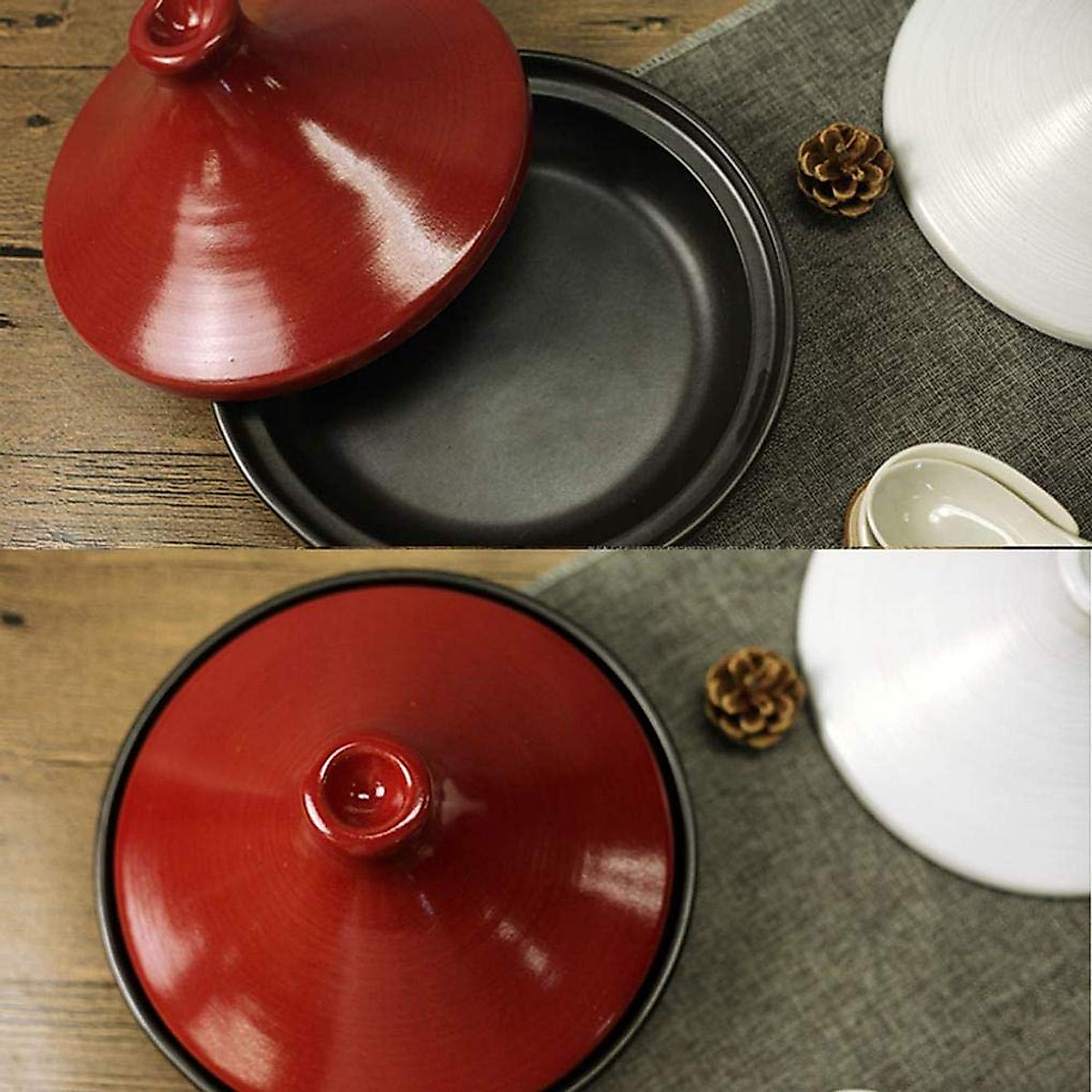 MYYINGBIN 10.2 Inches Moroccan Tagine Clay Casserole Slow Cooker Non-Porous Cone Lid Suitable for 2-5 People, Red