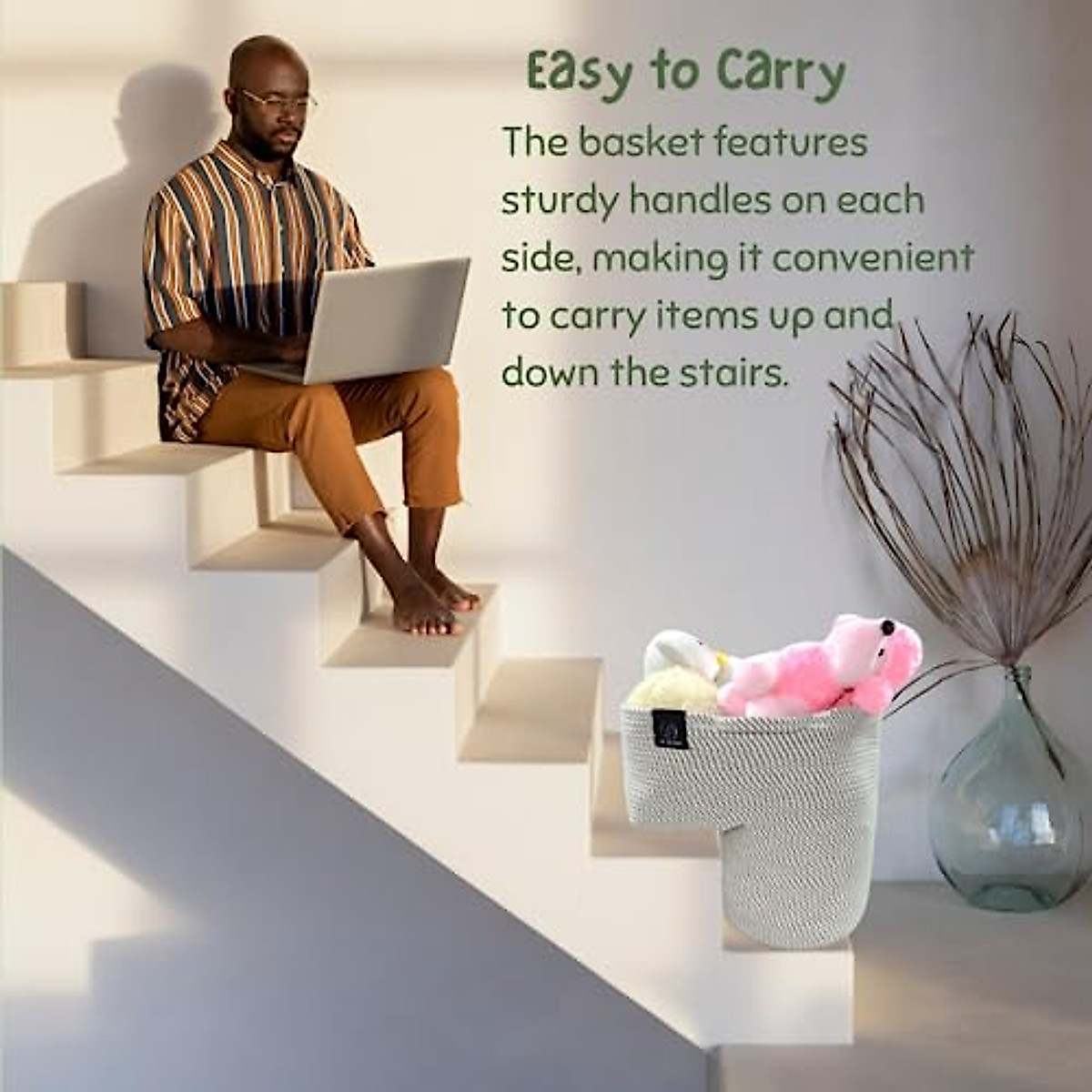 IK Mart Stair Basket - Cotton Rope Stair Baskets for Carpeted Stairs, Internal Support for 16'' Carpeted Stairs Organizer and Wooden Stairs - Perfect Basket for Toys, Laundry & Clothes Storage