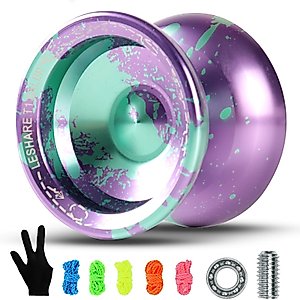 JOLESHARE Professional Unresponsive Yoyo for Pros and Responsive Yoyos for Kids Beginners, Package Includes Replaceable Responsive Bearings, yo-yo Gloves, and 5 yo-yo Cords(Purple Green)