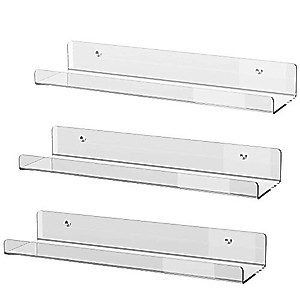 Unum Set of 3 15" Acrylic Floating Wall Ledges/Display Shelves – 5MM Thick Invisible Spice Racks - Crystal Clear Photo Ledge - Nursery/Kids' Bookshelf - 15" L x 4" D x 2" H (3-Pack)