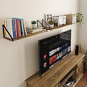 Wallniture Ponza Wood Floating Shelves for Wall Storage, 24" Rustic Wall Shelves for Living Room, Kitchen, Bedroom, Bathroom Decor, Burnt Finish Wall Shelf Set of 3