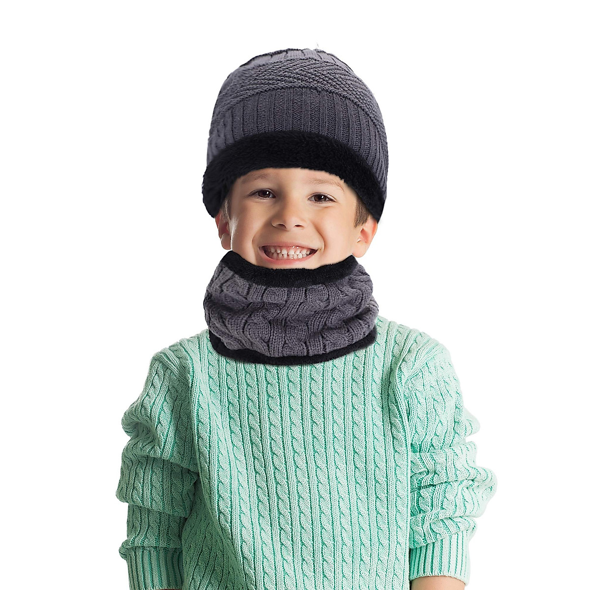 Tatuo 4 Pcs Winter Hat and Gloves Set for Men and Women and Kids Ski Warm Fleece Knit Beanie Hat Warmer Scarf Earmuff(Grey)