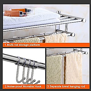 XHALERY Wall Mounted Hotel Towel Shelf Storage Holder Compatible with 4 Hooks,Bathroom/Kitchen Towel Rack Stainless Steel for for Towels, Bathrobe, Tea Towels