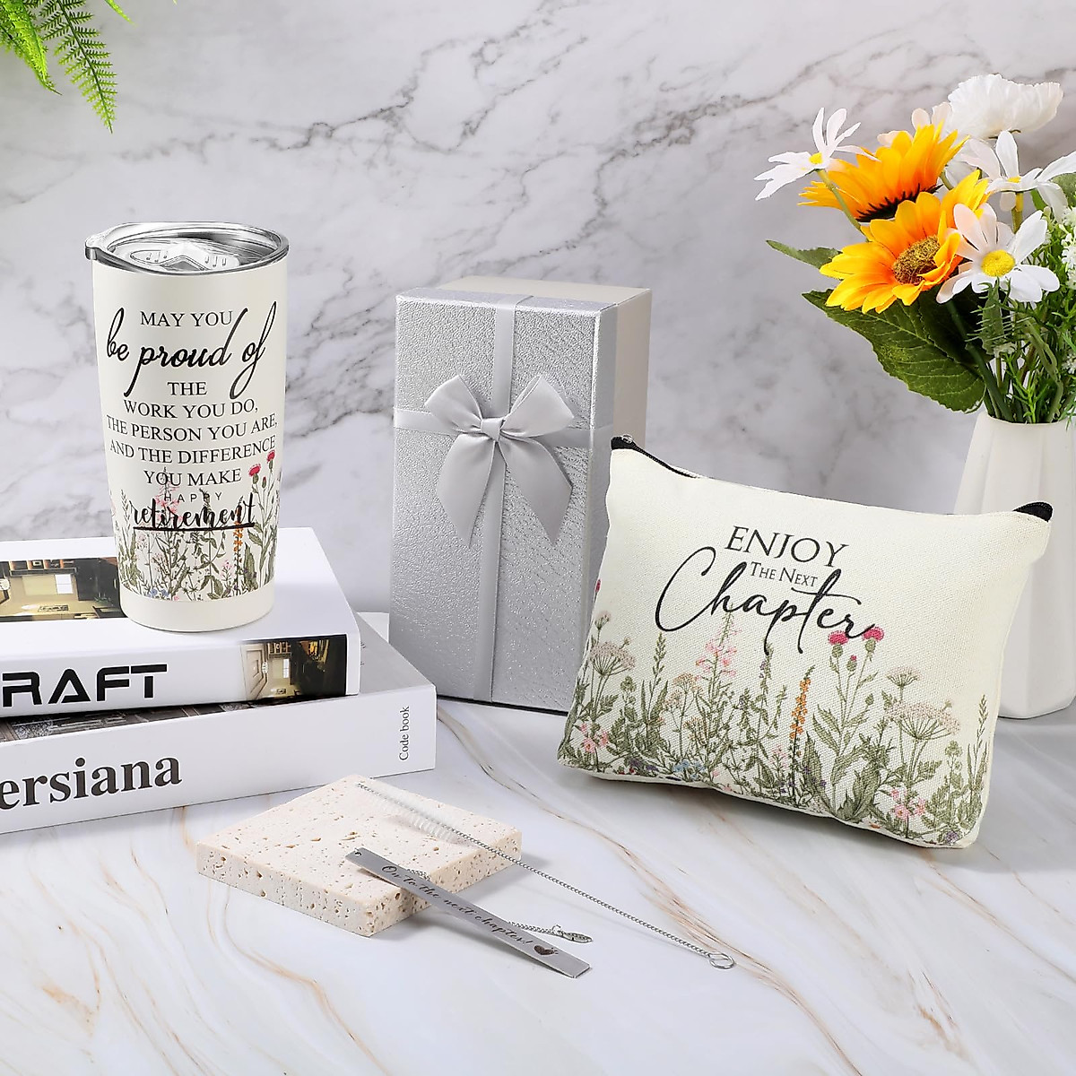 4 Pcs Retirement Gift for Women 2024 Happy Retirement Presents 20oz Stainless Steel Tumbler Makeup Bag Bookmark Set Retired Gifts Box for Mom Grandmom Teacher Coworker Nurse(Lively Style)