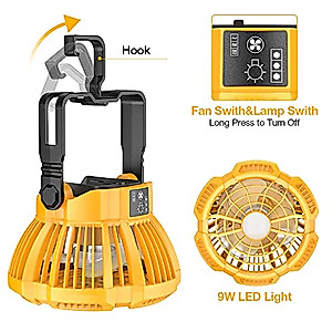 Portable Camping Fan with 9W LED Lantern, Powered by Dewalt 20V Li-ion Battery, Battery Operated Fan Ceiling Tent Fan with Hook, 180°Head Rotation Outdoor Rechargeable Fan for Hiking, Fishing, Travel