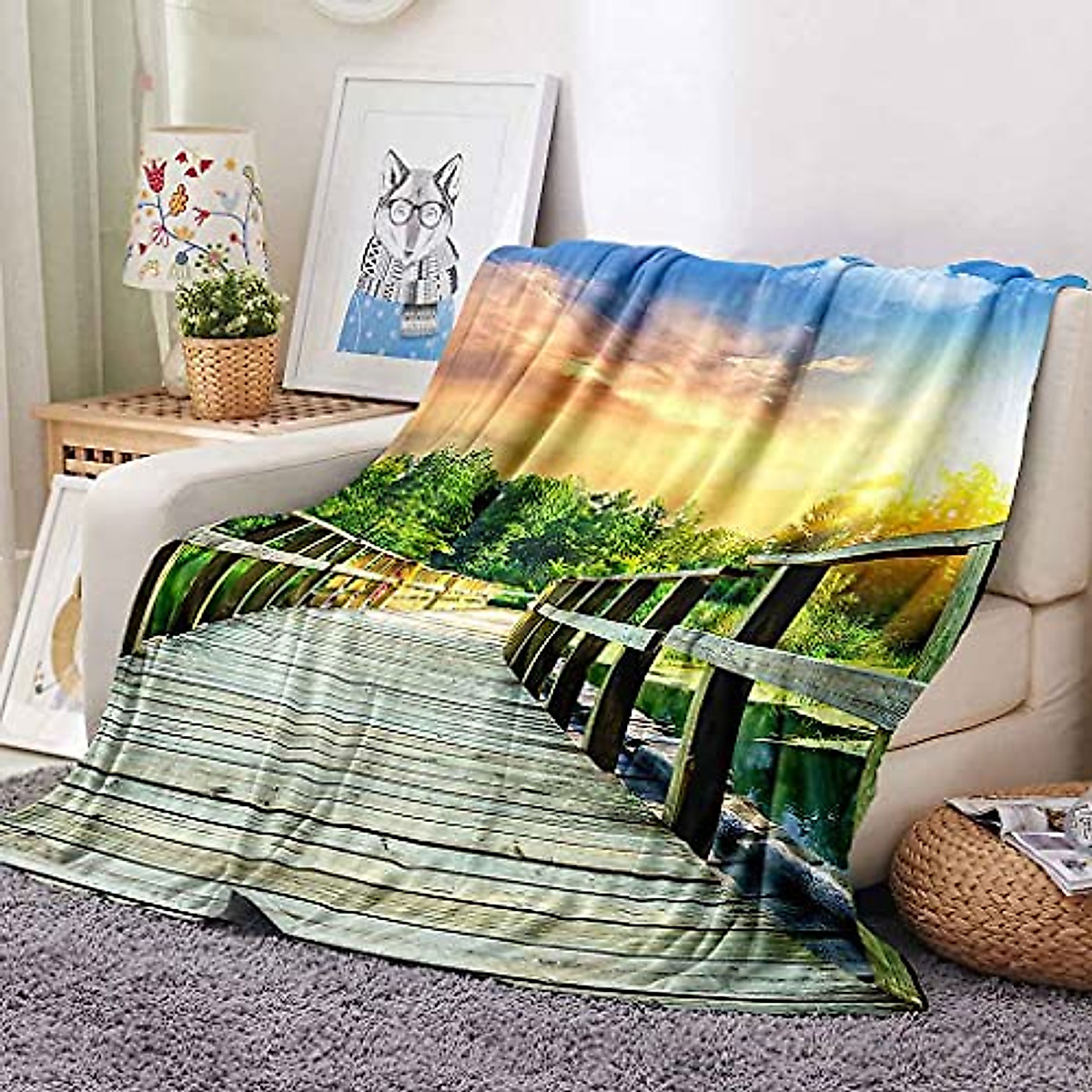 NARBOR Soft Fleece Throw Blanket - Fluffy Microfiber Solid Blankets for Bed and Couch Double/Single Size - 59X79Inch Wooden Bridge Lake View Printed Flannel Blanket for Bed, Couch and Sofa