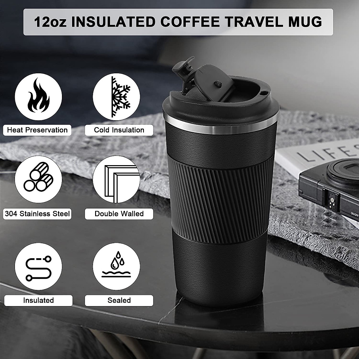 AZFUNN 12oz Travel Mug for Car with Leakproof Lid, Coffee Cup Insulated Double Walled Vacuum Stainless Steel Travel Tumbler for Keep Hot & Ice Coffee Tea Beer (Black)