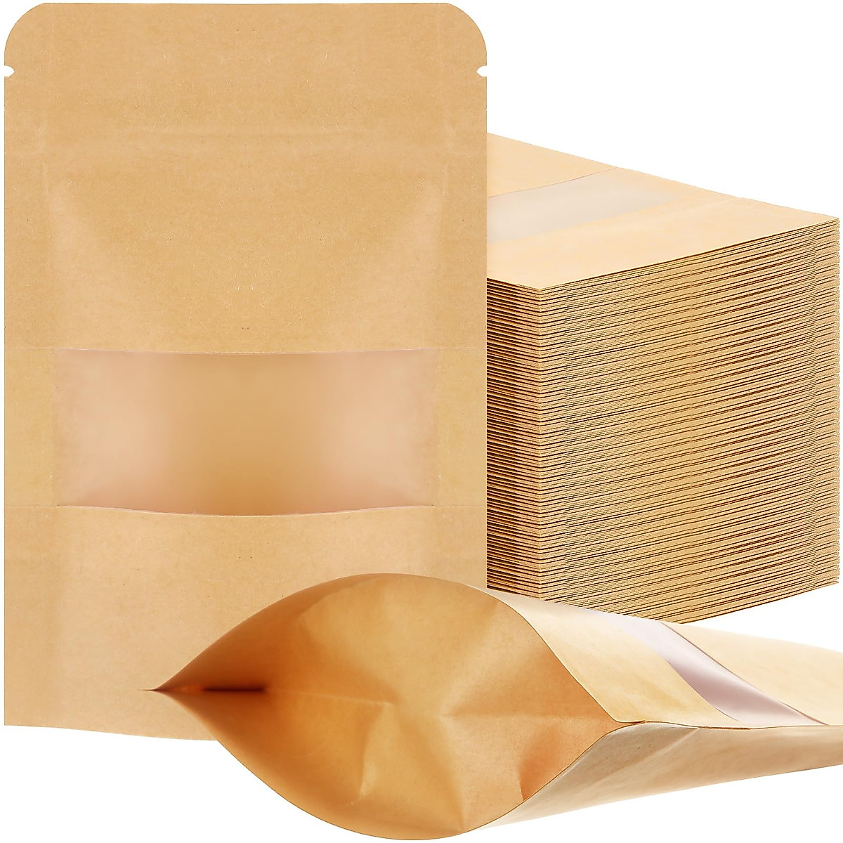 Geosar 450 Pcs Kraft Bags with Window Kraft Stand up Paper Pouches Bulk 3.5 x 5.5 in Zipper Lock Bags with Tear Notch Resealable for Food Reusable Sealable Treat for Home Business Package Storage
