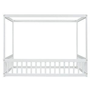 Full Size Canopy Bed Frame with Guardrails for Kids,Floor Bed Full with Four Poster Design,Kids Montessori Floor Bed,Wood Canopy Bed Frame for Girls,Boys(Full,White)