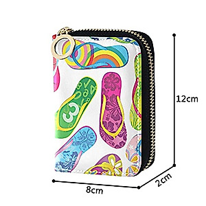 Colorful Flip Flops Beach Sandals On White Grey Credit Card Coin wallet, RFID Blocking Compact Women Leather Card Holder, Key Change Organizer, Zipper Purse Clutch Pouch Pocket