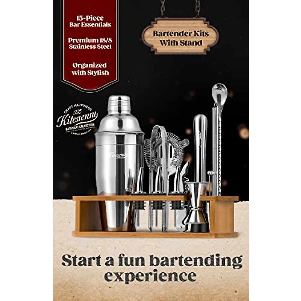 KITESSENSU Cocktail Shaker Set Bartender Kit with Stand | Bar Set Drink Mixer Set with All Essential Bar Accessory Tools: Martini Shaker, Jigger, Strainer, Mixer Spoon, Muddler, Liquor Pourers |Silver
