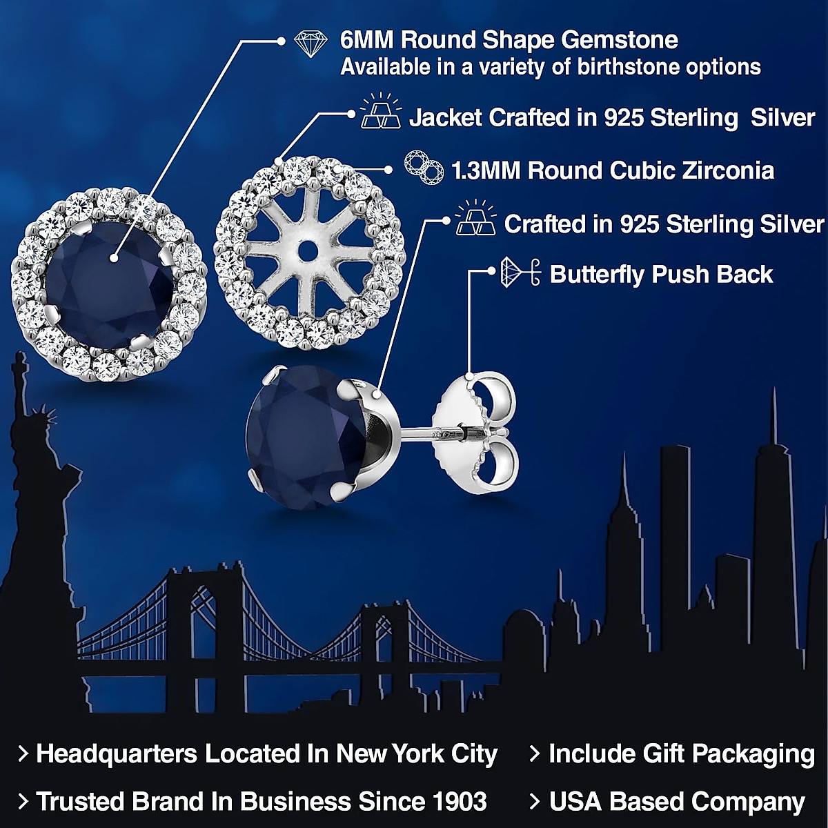 Gem Stone King 925 Sterling Silver Round 6MM Gemstone Birthstone Removable Jacket Stud Halo Earrings for Women