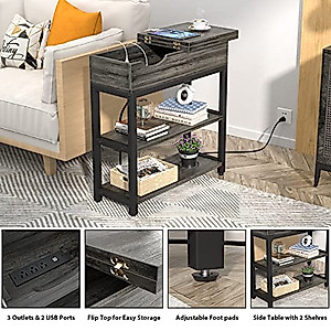 Aheaplus Sofa Side Table with USB Ports and Outlets, Narrow End Table Set of 2 with Charging Station, Bedside Nightstand with Storage Shelves, Slim Side Table，Black Oak