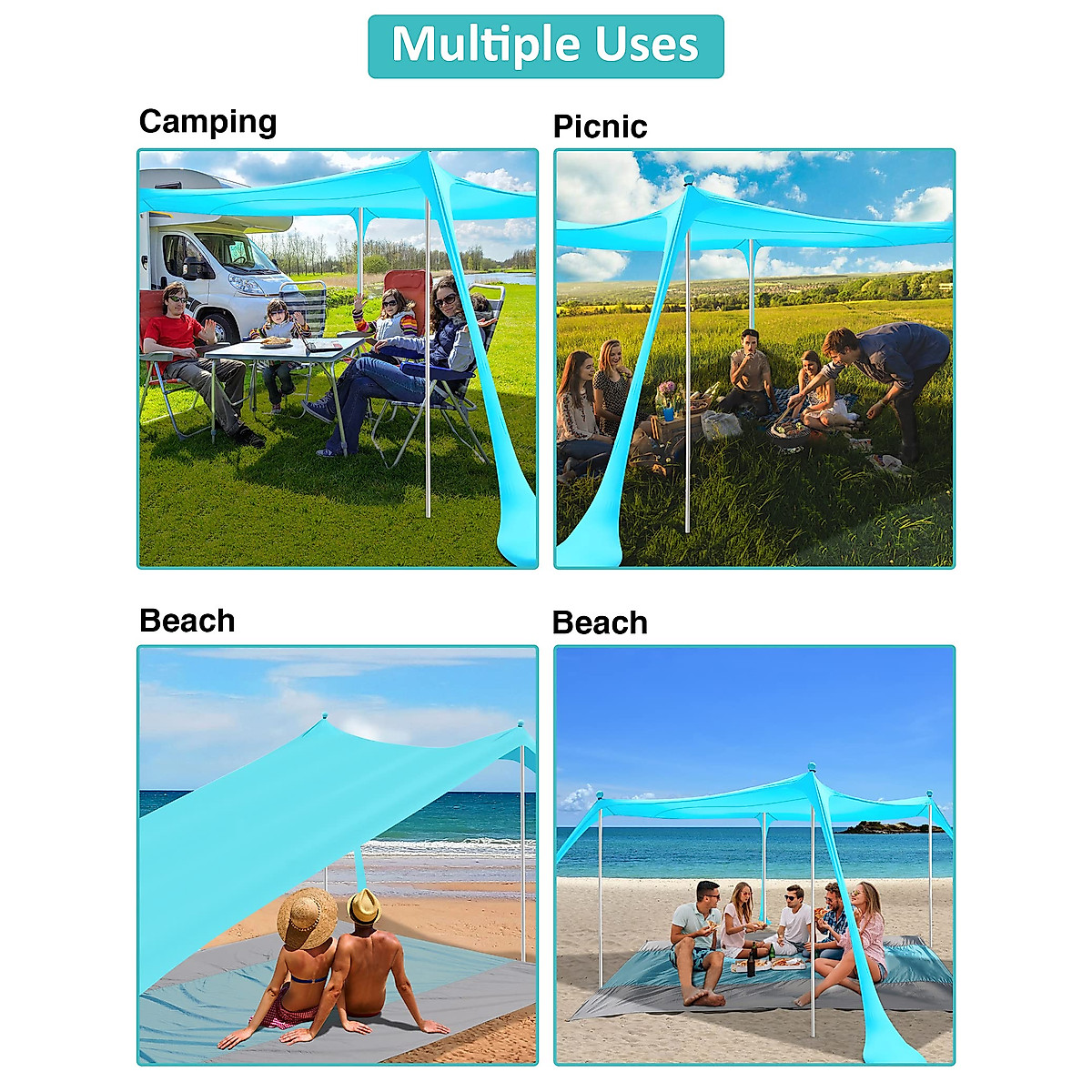anngrowy Beach Tent Canopy 10'x10' Beach Tents Sun Shelter 6-8 Person Beach Canopy Tent Sun Shade Easy Setup, Beach Blanket Sandproof 10' x 9' Beach Mat Sand Free Waterproof Beach Blankets Extra Large