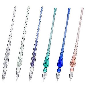 6 Pieces Handmade Glass Dip Pen, High Borosilicate Glass Crystal Dip Pen Glass Signature Pen for Writing Drawing Calligraphy Decorations Presents (Silvery, Ink Blue, Ice Green, Green, Blue, Pink)
